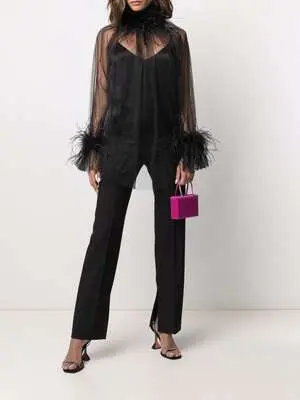 STYLAND Sheer Feather-trimmed Blouse
