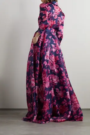 Carolina Herrera Belted Floral-print Silk-organza Gown Navy