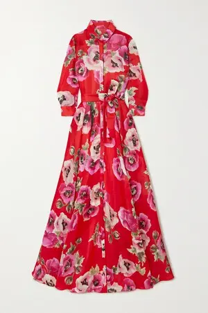 Carolina Herrera Belted Floral-print Silk-organza Gown Red