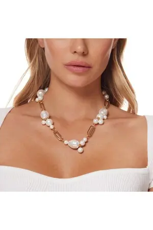 KENNETH JAY LANE Link Necklace With Pearl Clusters - Gold