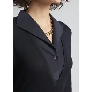 Giorgio Armani Wool Trompe L'oeil V-neck Top - Solid Dark Blue