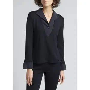 Giorgio Armani Wool Trompe L'oeil V-neck Top - Solid Dark Blue