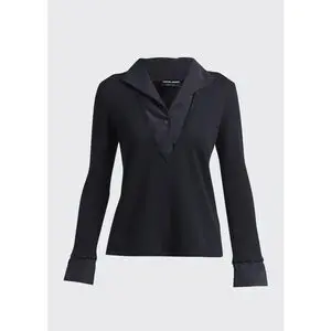Giorgio Armani Wool Trompe L'oeil V-neck Top - Solid Dark Blue