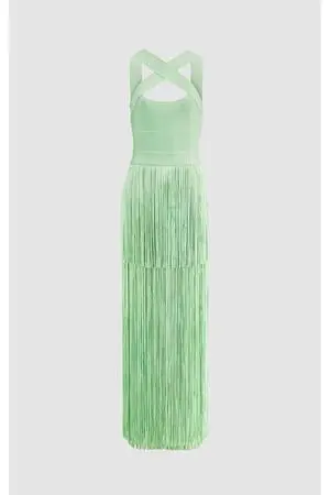 herve leger green fringe dress Herve Leger-Strappy Tiered Fringe Dresses Green-Dresses main image 1