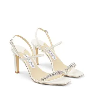 JIMMY CHOO Meira 85 Latte Nappa Sandals With Leaf Crystal Embellishment