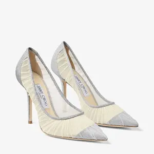 JIMMY CHOO Love 100 Metallic Silver Glitter Fabric Pumps With Ivory Tulle Overlay Multicolor