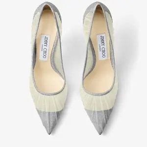 JIMMY CHOO Love 100 Metallic Silver Glitter Fabric Pumps With Ivory Tulle Overlay Multicolor
