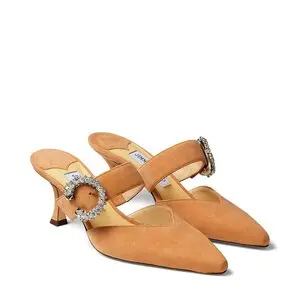 JIMMY CHOO Marta 70 Caramel Suede Mules With Crystal Buckle