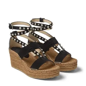 JIMMY CHOO Danica 80 Black Suede Espadrille Wedges With Pearls And Studs