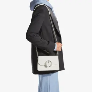 JIMMY CHOO - Madeline Crossbody Latte Goat Leather Crossbody Bag With Swarovski Crystal Buckle