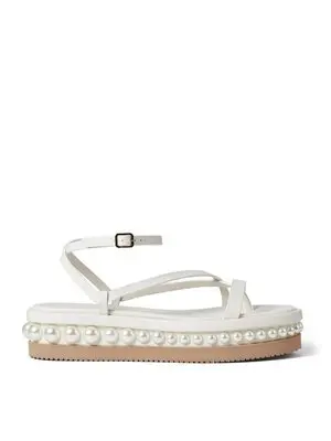 JIMMY CHOO - Pine Flat Latte Vachetta Leather Platform Sandals With Pearl Embellishment