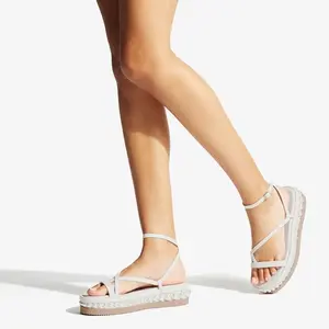 JIMMY CHOO - Pine Flat Latte Vachetta Leather Platform Sandals With Pearl Embellishment