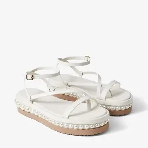 JIMMY CHOO - Pine Flat Latte Vachetta Leather Platform Sandals With Pearl Embellishment
