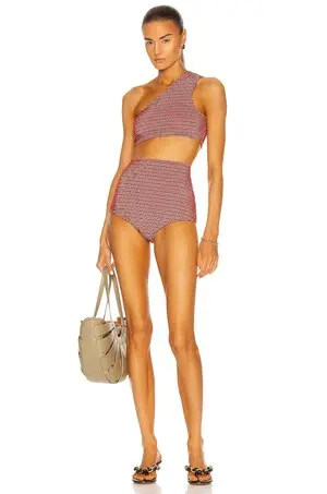 Bottega Veneta One Shoulder Bikini Set - Lipstick & Dark Brown