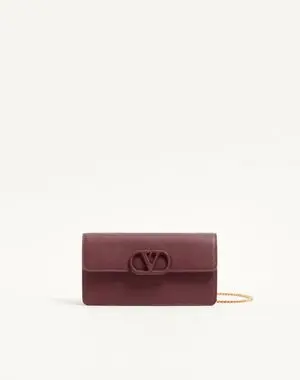 Valentino Garavani Vlogo Signature Grainy Calfskin Wallet With Chain - Maroon