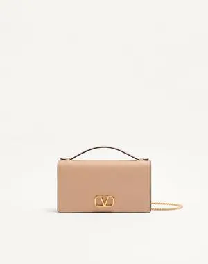 Valentino Garavani Vlogo Signature Grainy Calfskin Wallet With Chain - Rose Sand