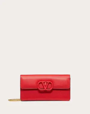 Valentino Garavani Vlogo Signature Grainy Calfskin Wallet With Chain Rouge Pur