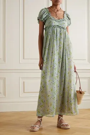 DEn Drew Ruffled Floral-Print Silk-Georgette Maxi Dress In Green - 40% Off  | Editorialist
