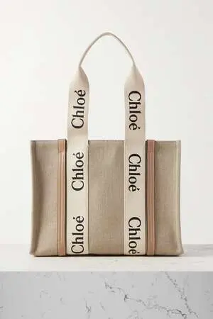 Chloé Woody Medium Leather-trimmed Cotton-canvas Tote