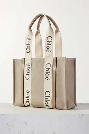 Chloé Woody Medium Leather-trimmed Cotton-canvas Tote