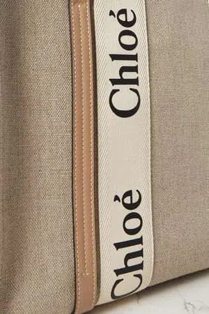 Chloé Woody Medium Leather-trimmed Cotton-canvas Tote