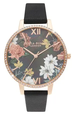 OLIVIA BURTON Sparkle Floral Leather Strap Watch