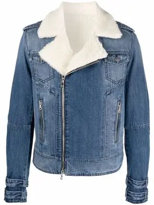 Balmain Shearling Collar Denim Biker Jacket
