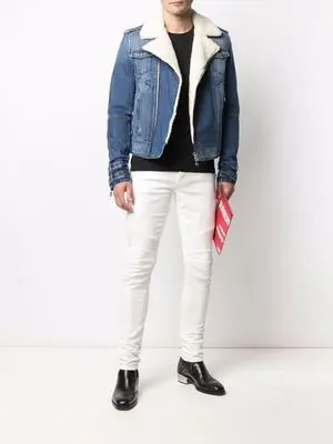 Balmain Shearling Collar Denim Biker Jacket