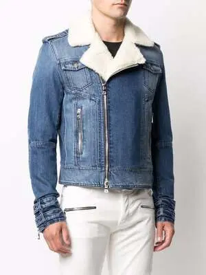 Balmain Shearling Collar Denim Biker Jacket