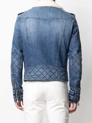 Balmain Shearling Collar Denim Biker Jacket