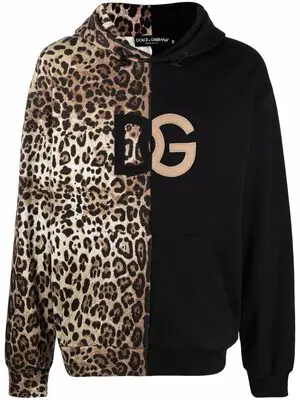Dolce & Gabbana Leopard-print Spliced Dg Logo Hoodie - Neutrals