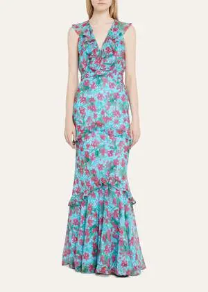 Saloni Saloni Rita Printed Silk Maxi Dress 1858-aquarium