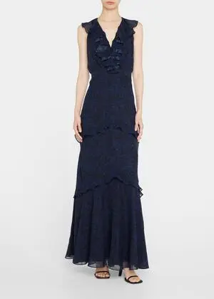 Saloni Saloni Rita Printed Silk Maxi Dress Kiku Midnight