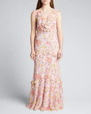Saloni Saloni Rita Printed Silk Maxi Dress Lilac Dahlia