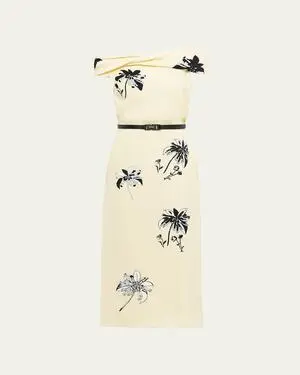 Prada Prada Off-The-Shoulder Floral-Print Belted Midi Dress - Vaniglia