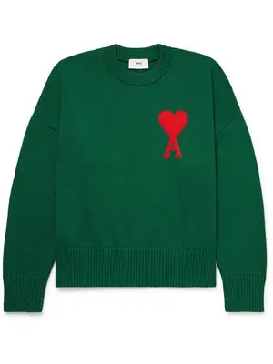 Ami Logo-Embroidered Organic Cotton And Wool-Blend Sweater - Green