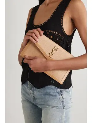 Saint Laurent Uptown Leather-trimmed Raffia Pouch