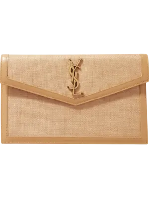 Saint Laurent SAINT LAURENT Uptown Leather-Trimmed Raffia Pouch Pink