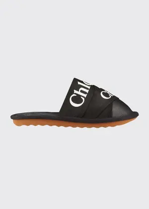 Chloé Woody Logo Ribbon Flat Slippers - Black