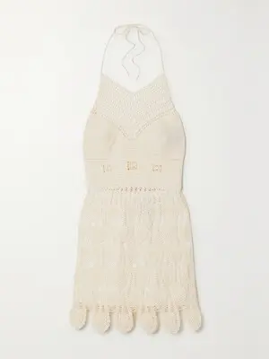 Loewe Crocheted Cotton Halterneck Mini Dress - Neutrals