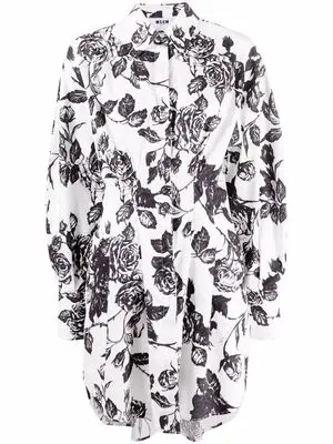 MSGM Floral Print Shirt Dress - White