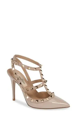 Valentino Garavani Rockstud T-strap Pointed Toe Pumps - P45 Poudre/poudre