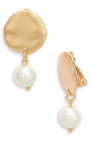 KARINE SULTAN Hammered Disc Faux Pearl Clip-on Drop Earrings