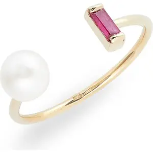 POPPY FINCH Ruby Baguette & Genuine Pearl Open Ring - Yellow Gold