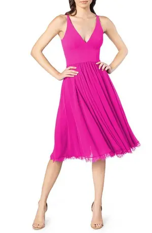 Dress The Population Alicia Mixed Media Midi Dress - Bright Fuchsia