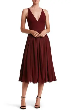 Dress The Population Alicia Mixed Media Midi Dress - Burgundy