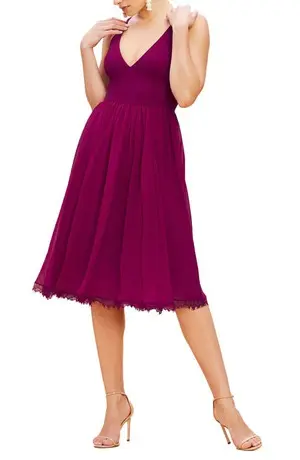 Dress The Population Alicia Mixed Media Midi Dress - Dark Magenta