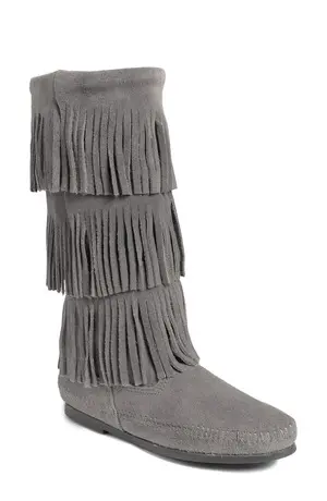 Minnetonka 3-layer Fringe Boots - Grey Suede