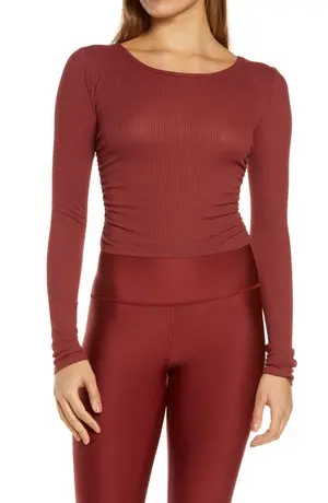Alo Yoga Gather Long Sleeve Rib Crop Top Cranberry