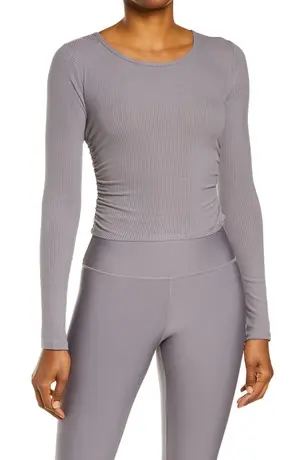 Alo Yoga Gather Long Sleeve Rib Crop Top Purple Dusk